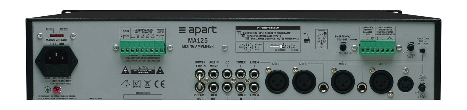 APART MA125 MIXER AMPLIFIER 125W/8, 50V, 70V, 100V, 4 mic in, 4 line in ...