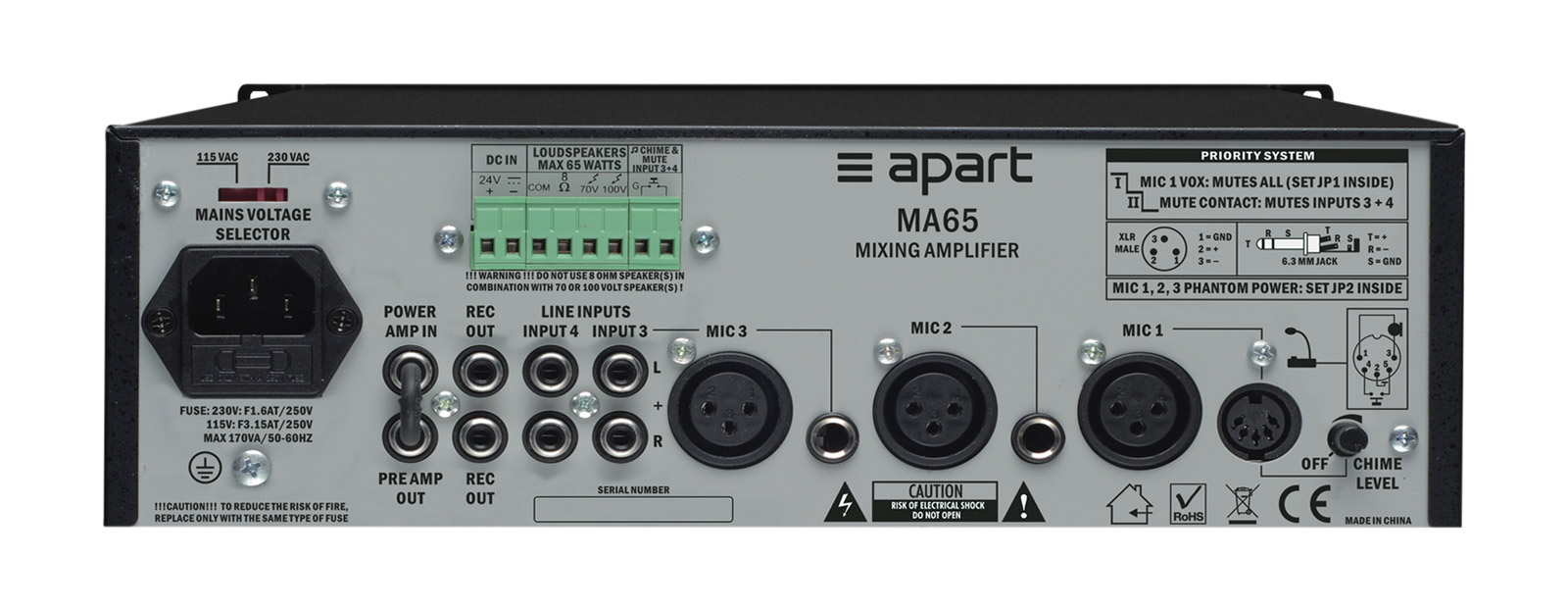APART MA65 MIXER AMPLIFIER 65W/8, 70V, 100V, 3 mic in, 2 line in, 1 ...